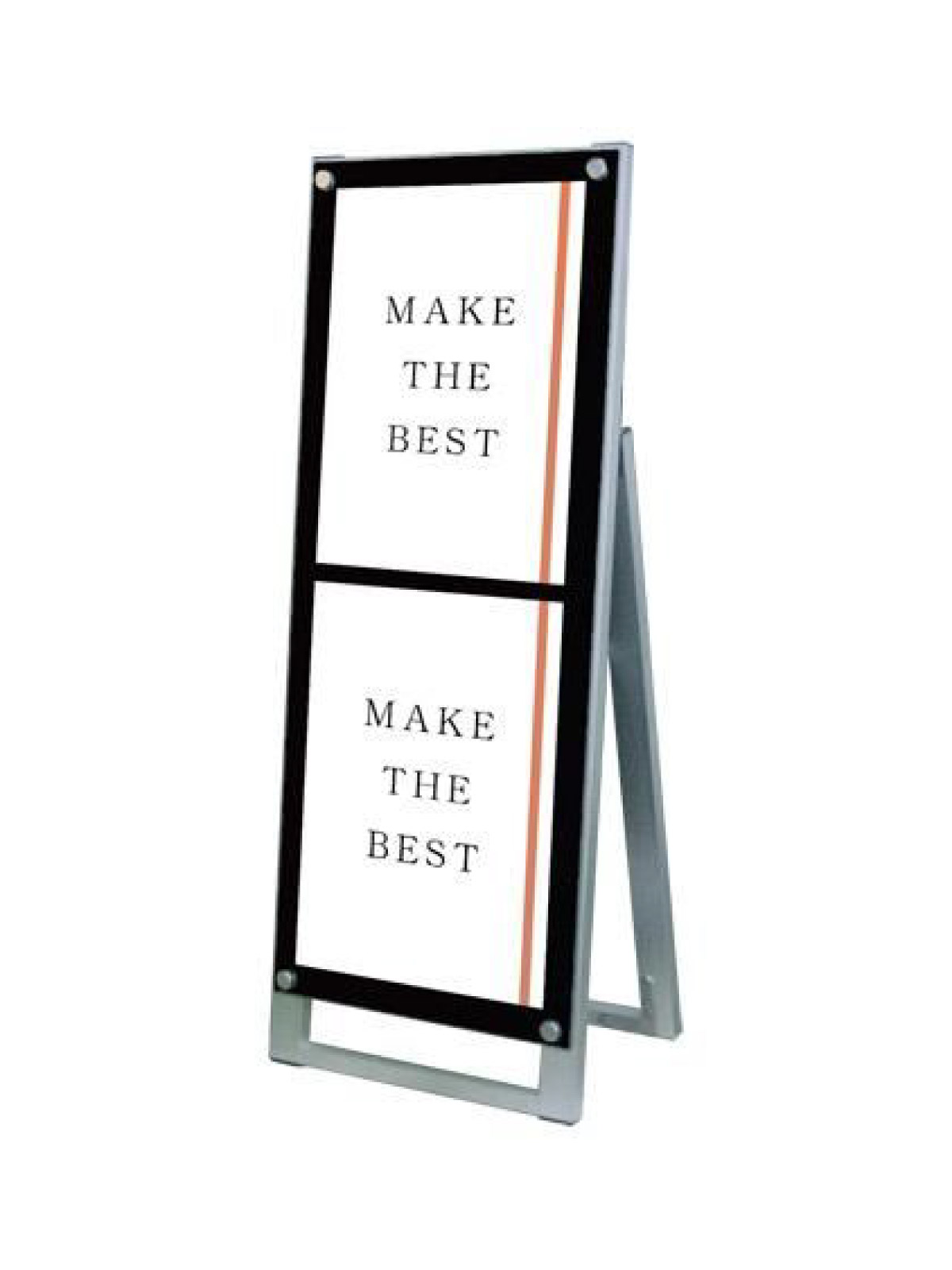 アクリルと化粧ビスでポスターを挟み込んで展示する高級感あるスタンド看板■製品仕様●フレーム=アルミ押出し材/アルマイト仕上(シルバー)●面板=アルミ複合板(黒)3mm厚+アクリル板透明2mm●化粧ビス=アルミ/アルマイト仕上●ポスターサイズ...