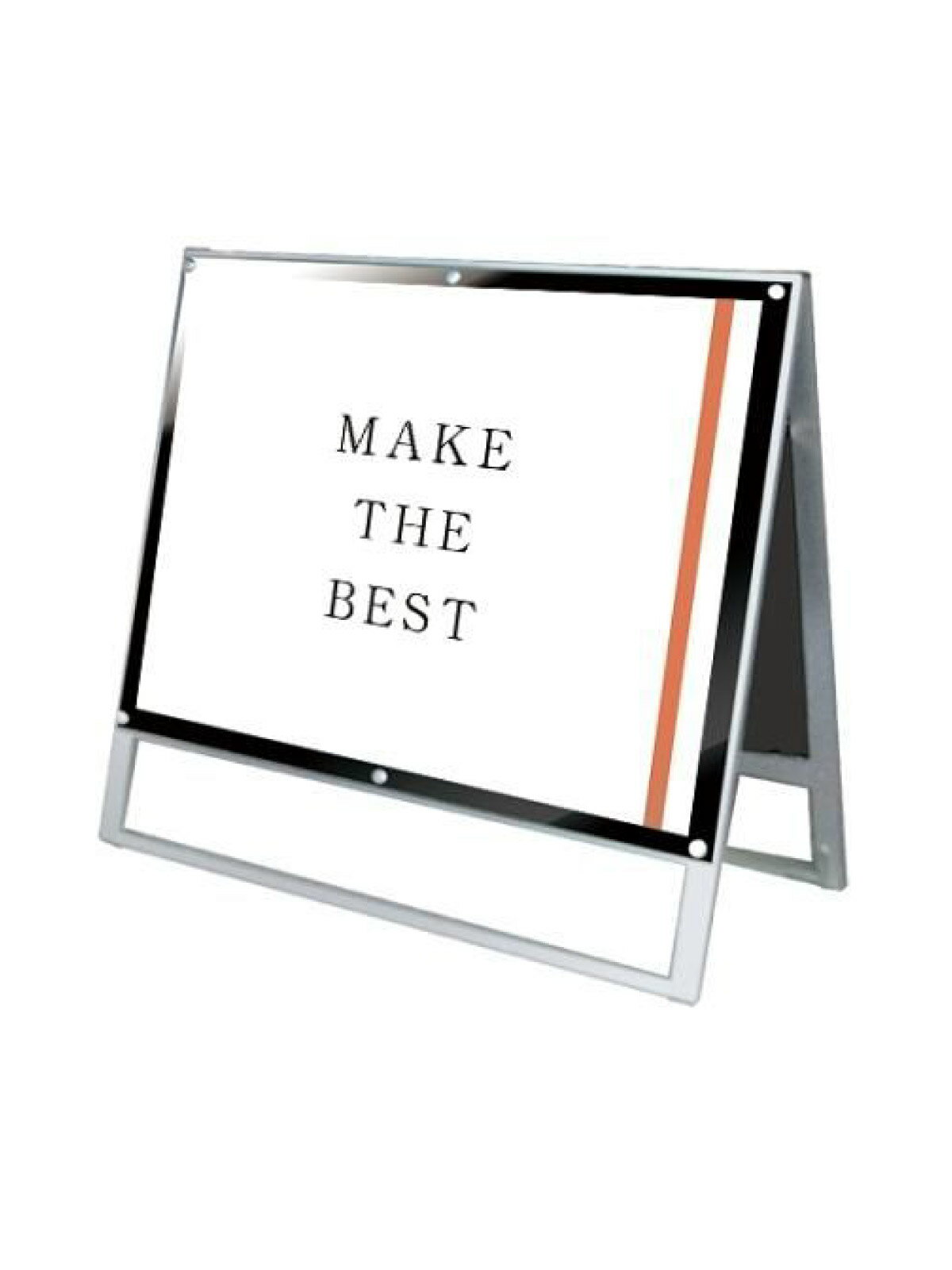 アクリルと化粧ビスでポスターを挟み込んで展示する高級感あるスタンド看板■製品仕様●フレーム=アルミ押出し材/アルマイト仕上(シルバー)●面板=アルミ複合板(黒)3mm厚+アクリル板透明2mm●化粧ビス=アルミ/アルマイト仕上●ポスターサイズ...