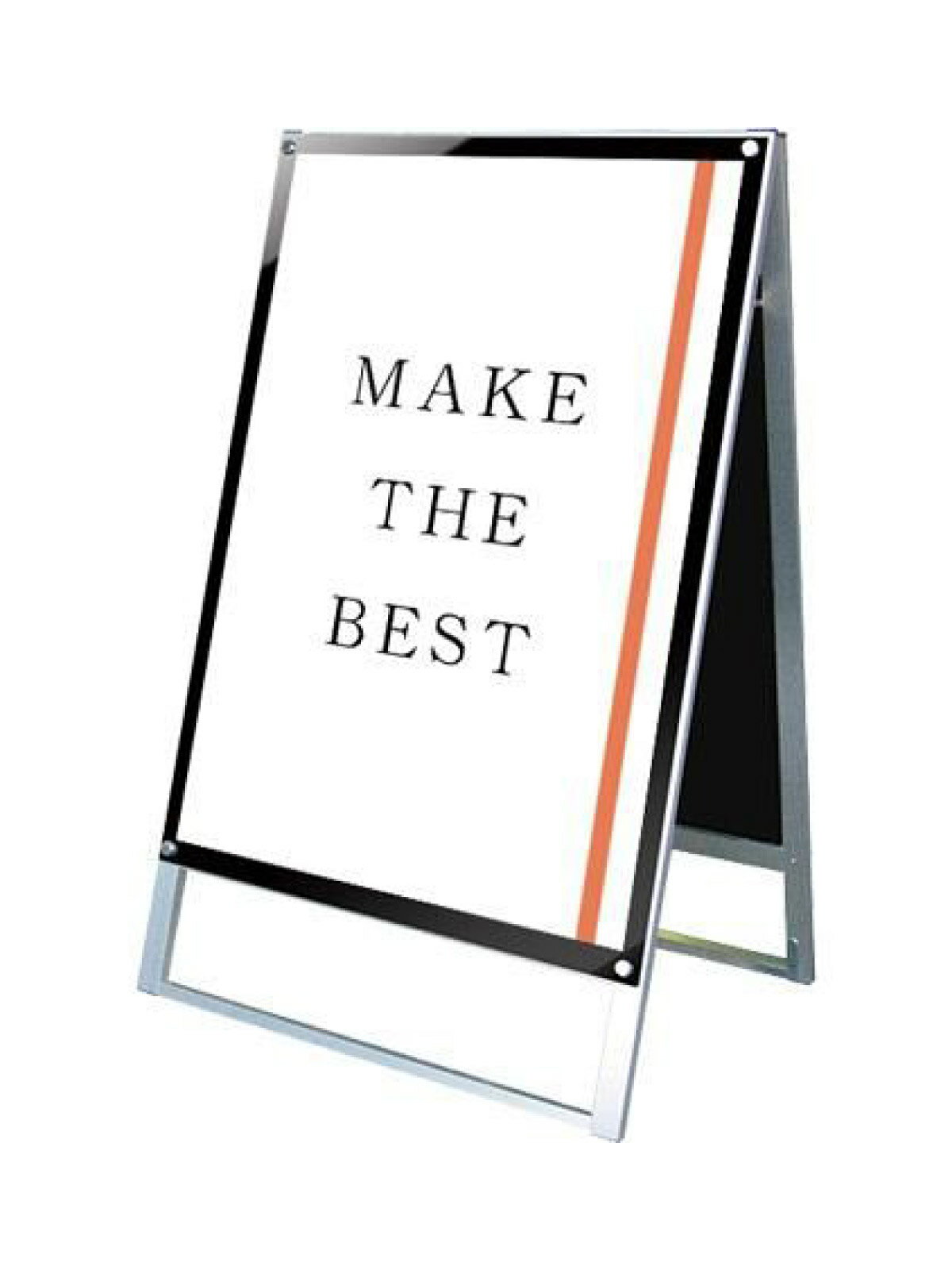 磁石を利用したビスによりポスターを画期的に簡単に交換できる次世代スタンド看板■製品仕様●フレーム=アルミ押出し材/アルマイト仕上(シルバー)●磁石=ネオジウム磁石●面板=アルミ複合板(黒)3mm厚+アクリル板透明 2mm 下辺アンダーバー付...