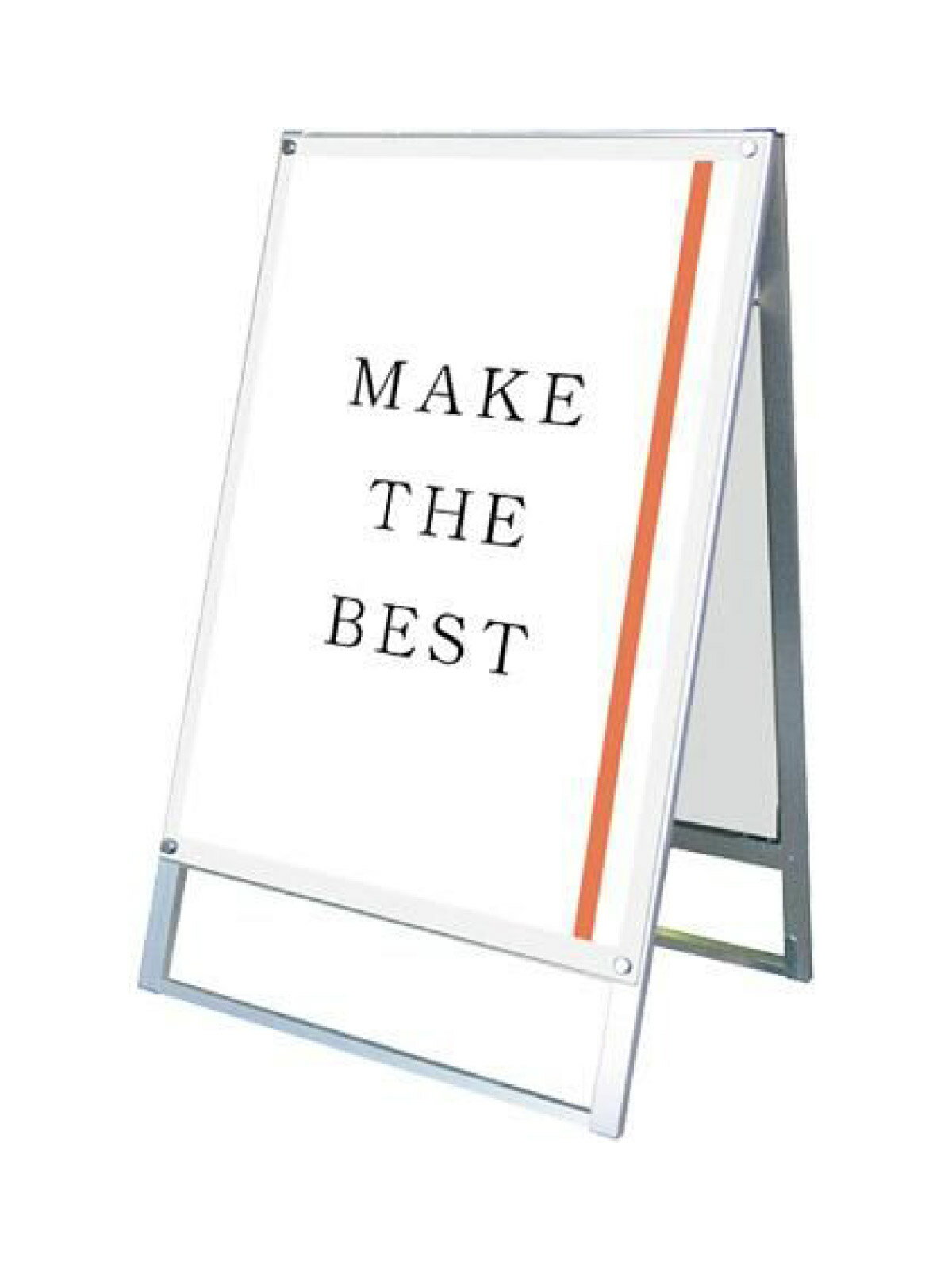 磁石を利用したビスによりポスターを画期的に簡単に交換できる次世代スタンド看板■製品仕様●フレーム=アルミ押出し材/アルマイト仕上(シルバー)●磁石=ネオジウム磁石●面板=アルミ複合板(白)3mm厚+アクリル板透明 2mm 下辺アンダーバー付...