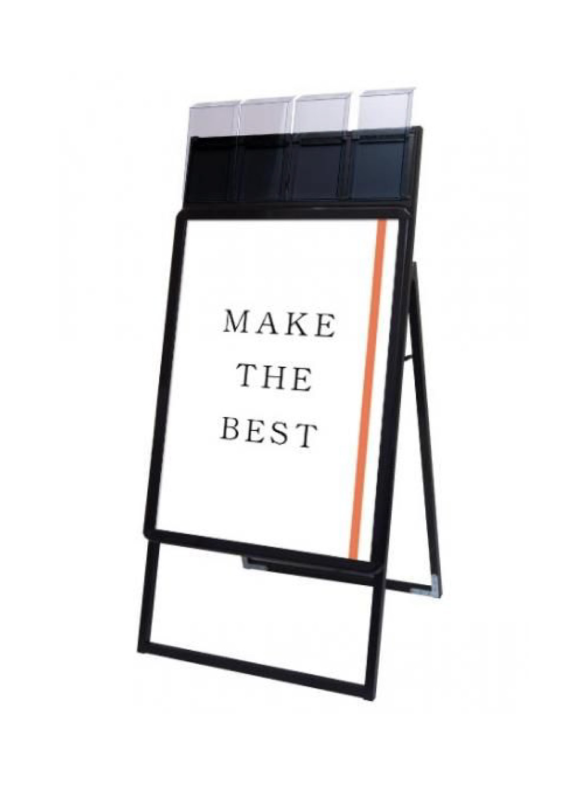 A4三つ折りパンフレットを配布できるケースが付いた四辺開閉式のスタンド看板■製品仕様●本体=アルミ押出し/アルマイト仕上(ブラック)●パネル=ポスターグリップ(フロントオープン式)(ブラック)●表面カバー=アクリル 透明1.5mm厚●背面板...