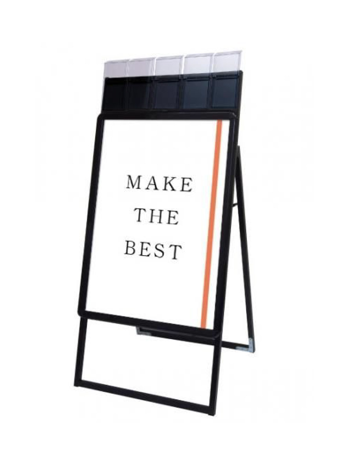 A4三つ折りパンフレットを配布できるケースが付いた四辺開閉式のスタンド看板■製品仕様●本体=アルミ押出し/アルマイト仕上(ブラック)●パネル=ポスターグリップ(フロントオープン式)(ブラック)●表面カバー=アクリル 透明1.5mm厚●背面板...