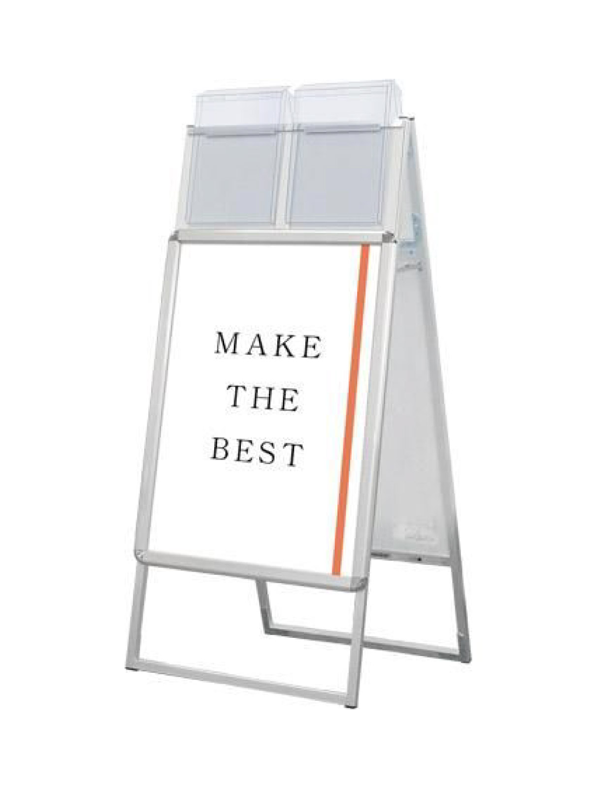 A4サイズのカタログを配布できるケースが付いた四辺開閉式のスタンド看板■製品仕様●本体=アルミ押出し/アルマイト仕上(シルバー)●パネル=ポスターグリップ(フロントオープン式)(シルバー)●表面カバー=アクリル 透明1.5mm厚●背面板=屋...