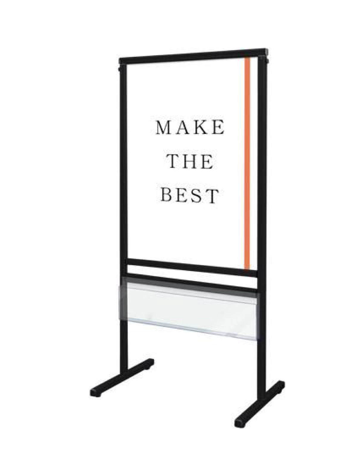 A4三つ折りパンフレットを配布できるケースが付いた直立型スタンド■製品仕様●本体フレーム=アルミ押出し材/アルマイト仕上(ブラック)●表面カバー=アクリル 透明1.5mm厚●面板=アルミ複合板(白)3mm厚●面板サイズ=B2(W515mm×...