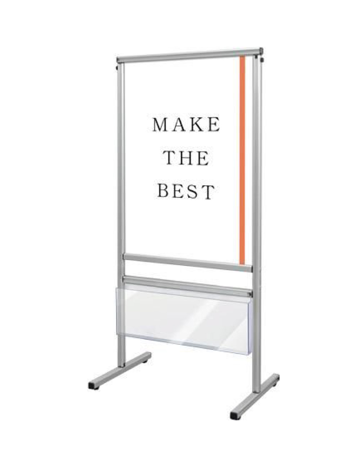 A4サイズのカタログを配布できるケースが付いた直立型スタンド■製品仕様●本体フレーム=アルミ押出し材/アルマイト仕上(シルバー)●表面カバー=アクリル 透明1.5mm厚●面板=アルミ複合板(白)3mm厚●面板サイズ=B2(W515mm×H7...