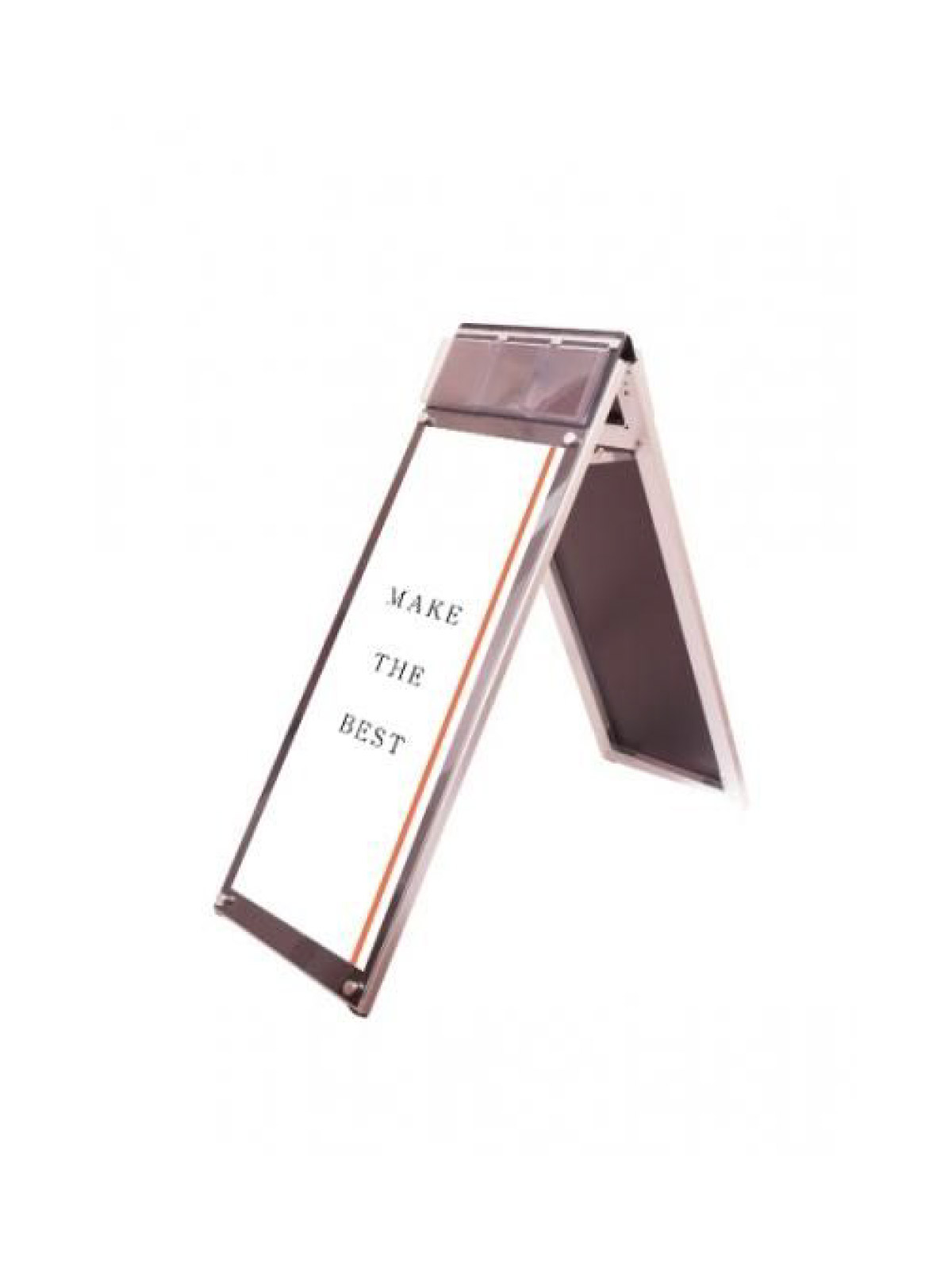 お洒落な雰囲気にも合うA4三つ折りパンフレット用ケースが付いたスタンド看板■製品仕様●フレーム＝アルミ押出し材／アルマイト仕上●レール＝アルミ押出し材／アルマイト仕上●面板＝アルミ複合板（黒）3mm厚＋アクリル板透明2mm●化粧ビス＝φ20...