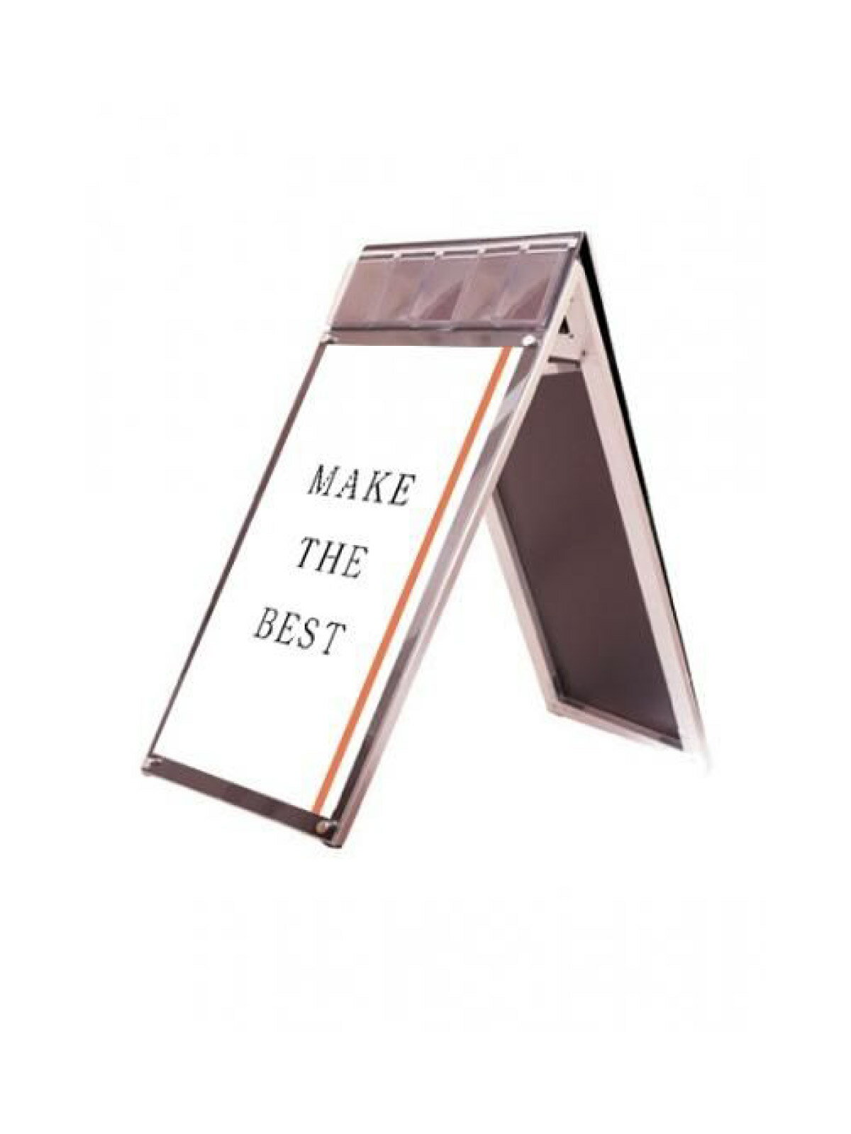 ポスターをより簡単に交換できるA4三つ折りパンフレット用ケースが付いたスタンド看板■製品仕様●フレーム＝アルミ押出し材／アルマイト仕上●レール＝アルミ押出し材／アルマイト仕上●面板＝アルミ複合板（黒）3mm厚＋アクリル板透明2mm 下辺アン...