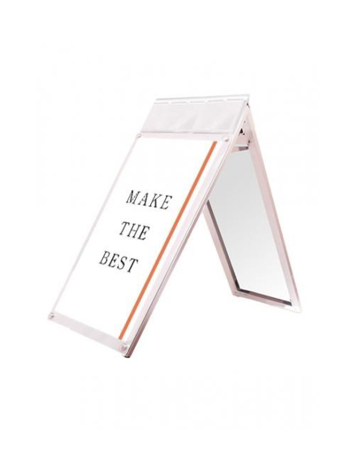 ポスターをより簡単に交換できるA4三つ折りパンフレット用ケースが付いたスタンド看板■製品仕様●フレーム＝アルミ押出し材／アルマイト仕上●レール＝アルミ押出し材／アルマイト仕上●面板＝アルミ複合板（白）3mm厚＋アクリル板透明2mm 下辺アン...