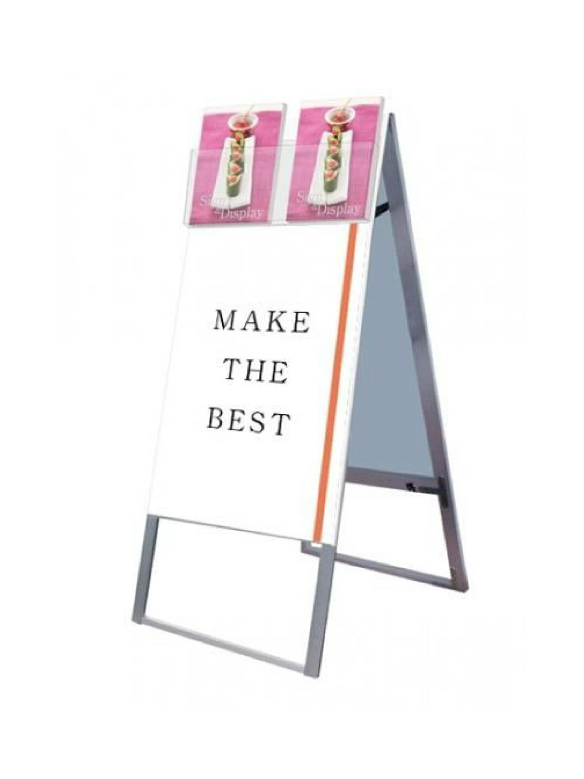 Aサイズのカタログを配布できるケースが付いた横スライド式のスタンド看板■製品仕様●フレーム＝アルミ押出し材／アルマイト仕上（シルバー）●レール＝アルミジョイナー／アルマイト仕上（シルバー）●カタログケース＝塩ビ2mm厚（スライド仕切り板1枚...