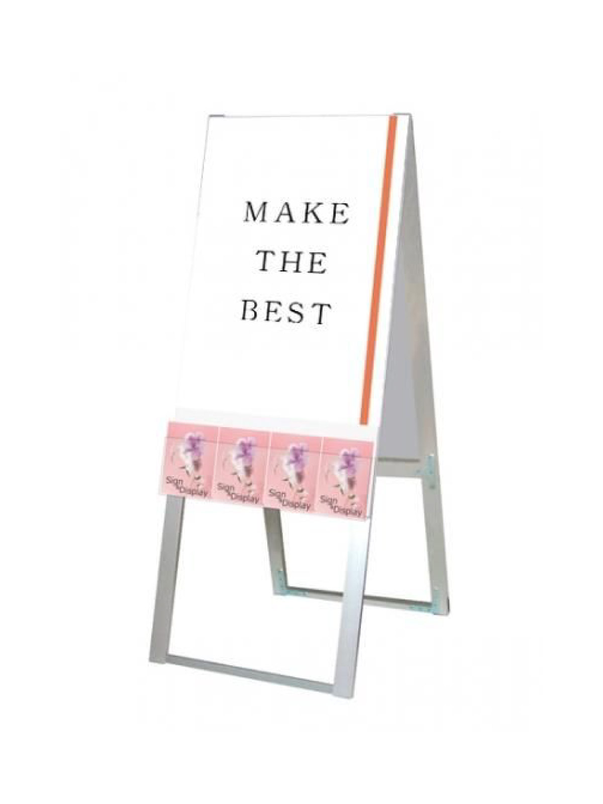 A4三つ折りパンフレットを配布できるケースが付いた横スライド式のスタンド看板■製品仕様●フレーム＝アルミ押出し材／アルマイト仕上（シルバー）●レール＝アルミジョイナー／アルマイト仕上（シルバー）●パンフレットケース＝塩ビ2mm厚（スライド仕...