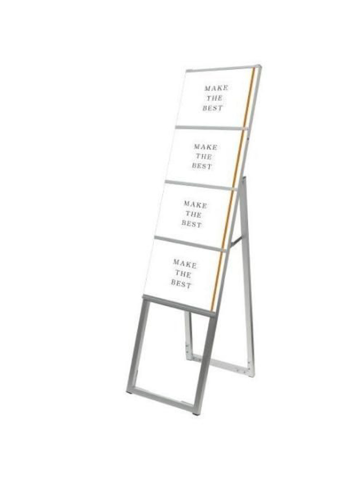ちょっとしたスペースにも設置できる、スリムで使いやすい お手頃スタンド看板■製品仕様●フレーム＝アルミ押出し材／アルマイト仕上（シルバー）●面板＝アルミ複合板(白)3mm厚＋アクリル板透明1.5mm or 2mm厚●ポスターサイズ＝A4横(...