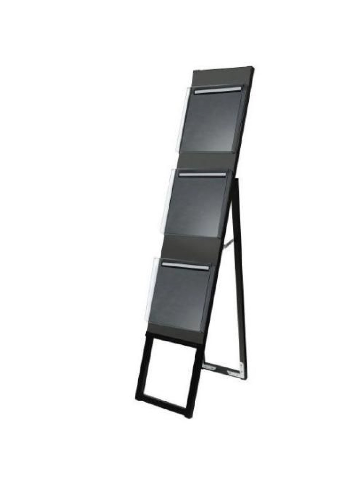 ちょっとしたスペースにも設置できる、スリムで使いやすい お手頃スタンド看板■製品仕様●フレーム＝アルミ押出し材／アルマイト仕上（ブラック）●面板＝アルミ複合板(黒)3mm厚●カタログケース3個付(フタ無し)●重量＝3.3kg※屋内専用※ウエ...