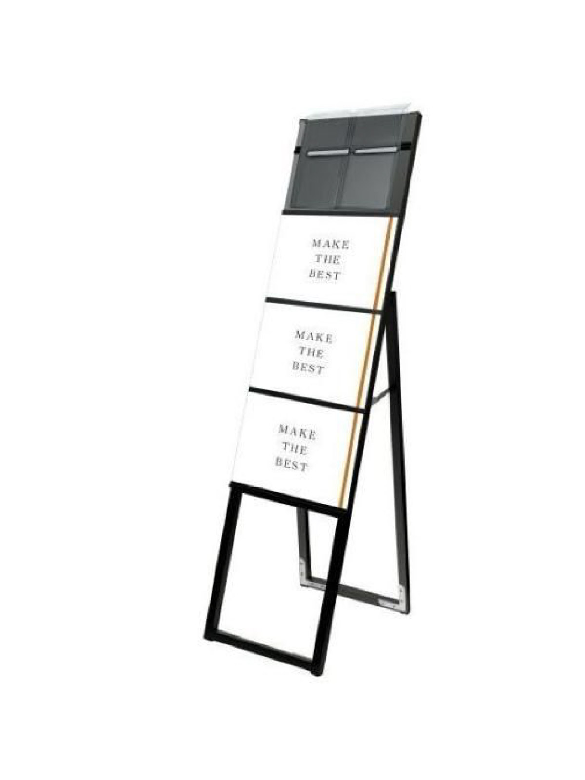 ちょっとしたスペースにも設置できる、スリムで使いやすい お手頃スタンド看板■製品仕様●フレーム＝アルミ押出し材／アルマイト仕上（ブラック）●面板＝アルミ複合板(黒)3mm厚＋アクリル板透明1.5mm or 2mm厚●ポスターサイズ＝A4横(...