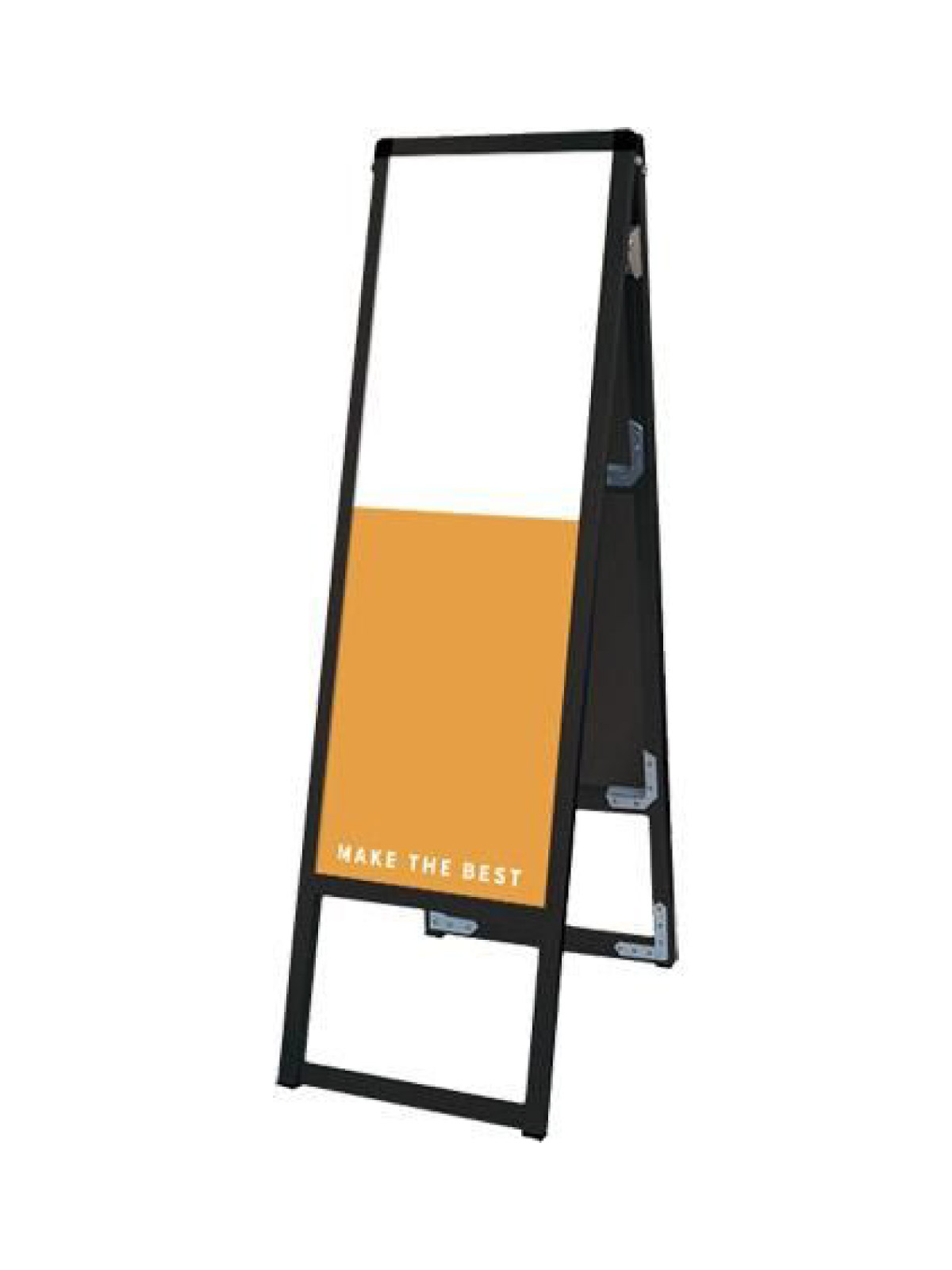 インクジェットシートを貼り付けて使用するA型ボードスタンド看板■製品仕様●本体フレーム=アルミ押出し材/アルマイト仕上(ブラック)●面板=アルミ複合板(白)3mm厚 (塩ビシート・カッティングシート貼付用面板)●面板サイズ=W300mm×H...