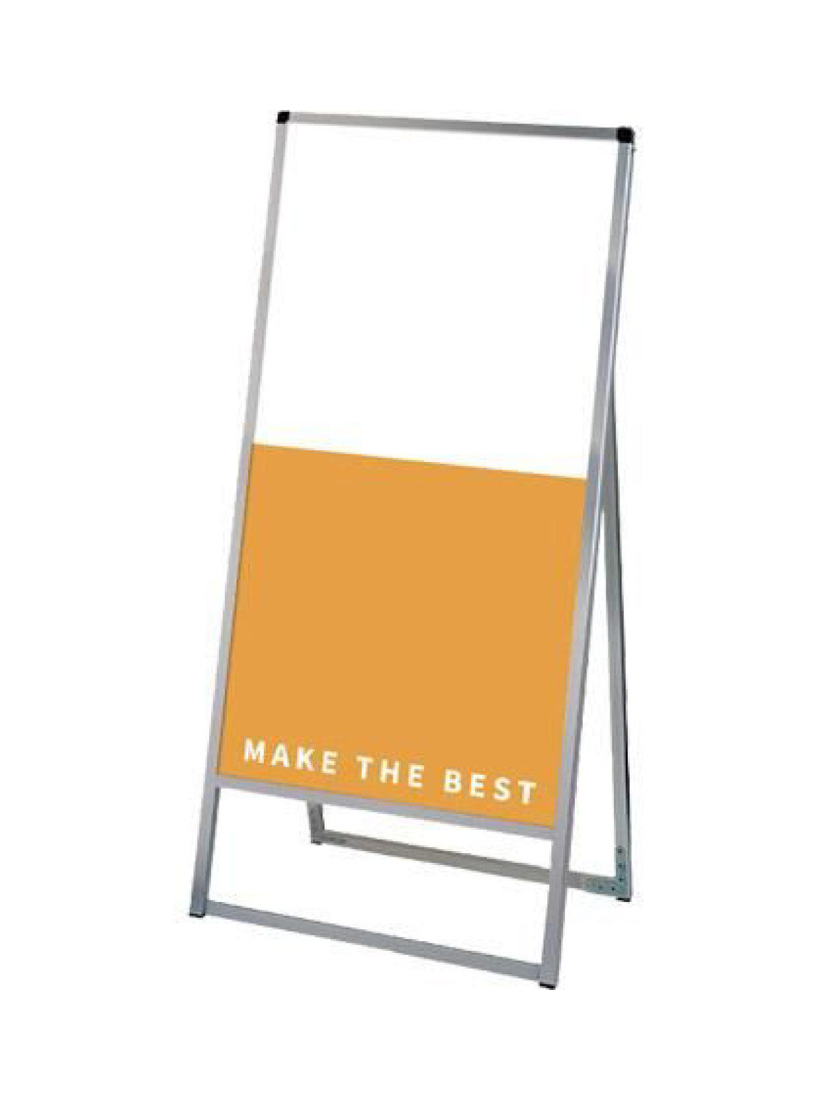 インクジェットシートを貼り付けて使用するA型ボードスタンド看板■製品仕様●本体フレーム=アルミ押出し材/アルマイト仕上(シルバー)●面板=アルミ複合板(白)3mm厚 (塩ビシート・カッティングシート貼付用面板)●面板サイズ=W600mm×H...