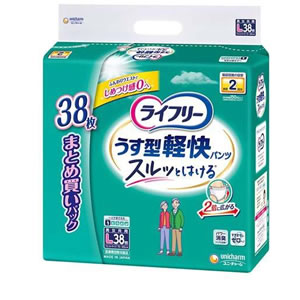 商品名ユニ・チャーム ライフリーうす型軽快パンツL38枚商品説明ふんわりウエストでしめつけ感0へ！・お腹に合わせてやわらかくフィットすきまモレ0（ゼロ）へ！・「背中・足ぐりにピタッとフィット！」・「背モレブロック構造」特許技術※　両脇を破っ...