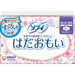 商品名 ユニ・チャーム ソフィ はだおもい 特に多い昼用　羽つき 26cm　16枚入り 商品説明 肌に密着させないエアフィット 吸収後も、“肌サラサラ”つづく 生理中の敏感肌にやさしいナプキンです。 サイズ 26cm（羽つき） 素材 表面材...