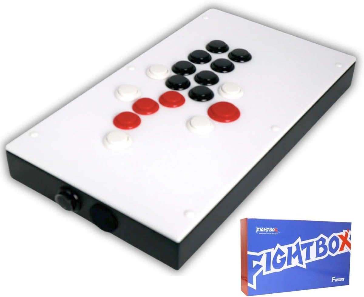FightBoxF-PRO は、従来のアーケードスティックに配置されているジョイスティックの代わりに、コントローラーの左側に 3 つの三和電子製OBSF-24 ボタンと 1 つの 三和電子製OBSF-30 ボタンがあり、コントローラーの右側...