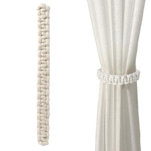【パッケージ内容】手編みロープカーテン留め具4個パック。長さ22cm、幅2cm。カラー:ホワイト/ブラウン(2色からお選びいただけます)。このセットは、ご友人やご親戚への新築祝いのギフトにも最適です。 【柔軟性と丈夫さ】カーテン留め具の外側...