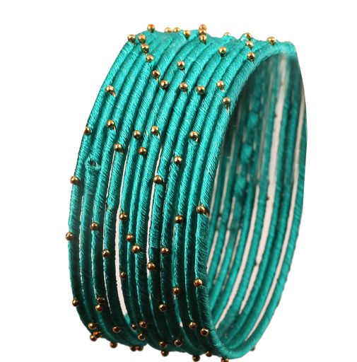 Touchstoneシルクスレッドバングルコレクションインディアンボリウッド手作りフェイクシルクスレッドエキゾチックな外観ゴールデンビーズアクアブルーデザイナーバングルブレスレット12個セット女性用サイズ:XL。インディアン2-12.内径2...