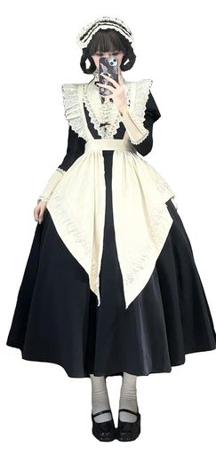 4点セット:「半袖ワンピース」+「アームカバー」+「エプロン」+「リボンブローチ」の4点セットです。ブローチが取り外し可能で便利です。 サイズ:「S」総丈119、バスト72、肩幅33、袖丈19、エプロン総丈37、アームカバー総丈46。「M」...