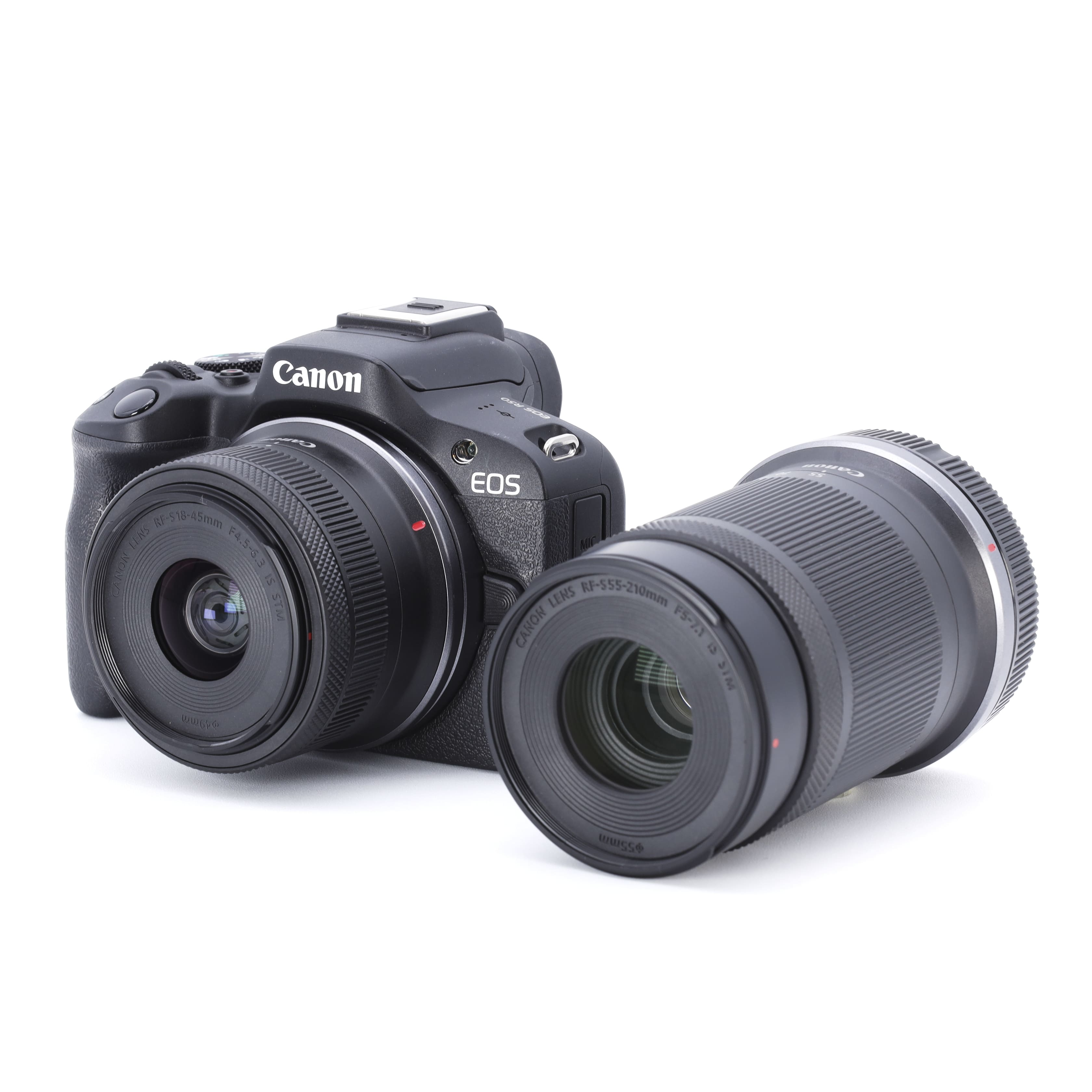 Canon EOS R50 ダブルズームキットコンディション：ほぼ新品（美品）外観・内部ボディ・レンズともにマウント部に使用に伴うスレがございます。また、18−45mmのロゴ付近にスレがございます。動作不具合なくご使用いただけます。付属品ボ...