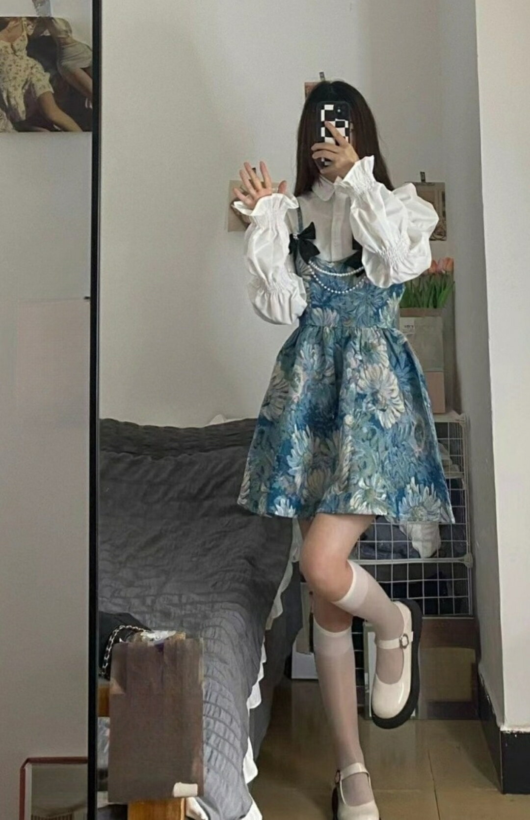 セットアップ レディース 個性的 ストリートカジュアル アートプリント 長袖ブラウス &amp; アート プリント ストラップドレス 2点セット 春秋