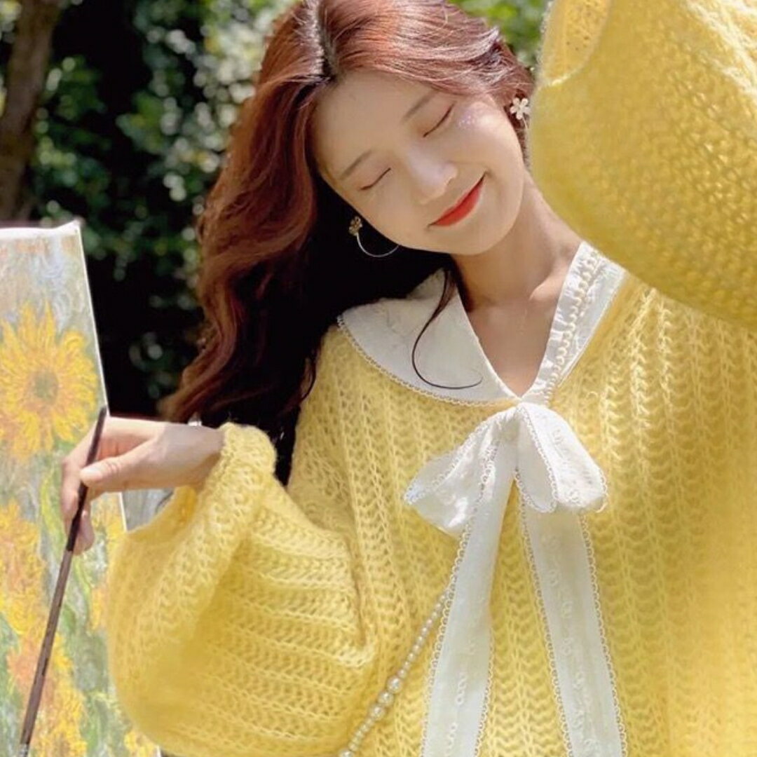 レディース 韓国ファッション トップス ニット 長袖 ラウンドネック ラブリー かわいい フェミニン オフィス カジュアル デイリー 着回し 春秋