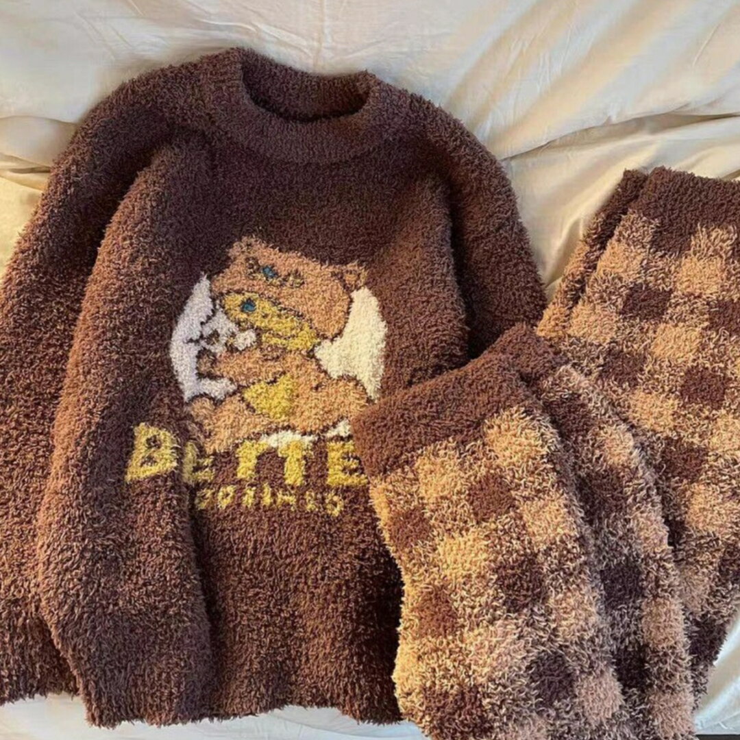 ルームウェア パジャマ レディース 前開き 暖かい 長袖 長ズボン 冬 くま 上下セット もこもこ ナイトウェア&nbsp; かわいい