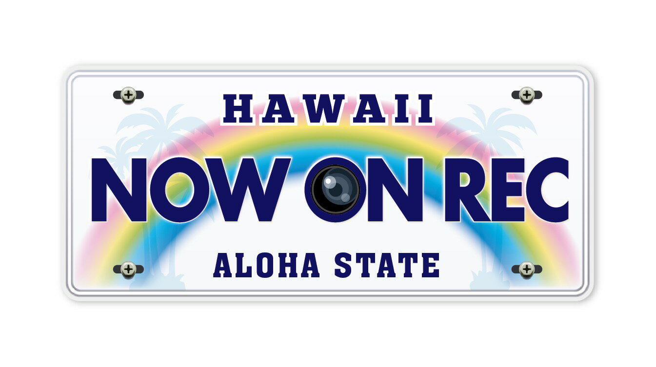 NOW ON REC ドラレコ録画中　ステッカー！ 人気のハワイ　ナンバープレートデザイン！ 車のリアガラスやバンパーに貼ってカメラ搭載を周囲に知らせ 煽り運転抑止で安全運転しましょう～ あおり運転の他、危険運転者への抑止力にもなります！ ...