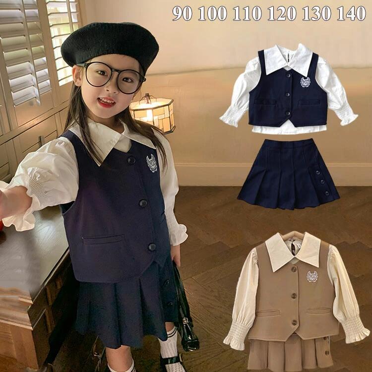 商品詳細 商品内容　 点セット(シャツ/ベスト/スカート) 生地　 ポリエステル100％ サイズ 90cm 身長80-90cm 100cm 身長90-100cm 110cm 身長100-110cm 120cm 身長110-120cm 130...