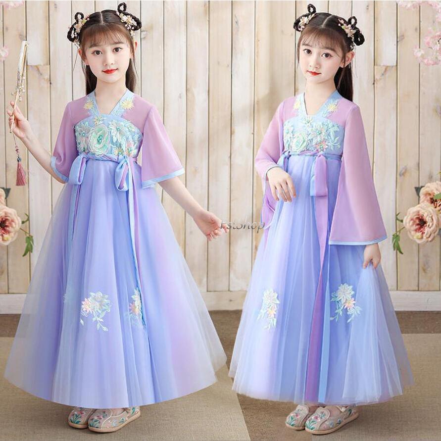 子供用チャイナドレス漢服マキシ丈キッズ ドレス女の子ワンピース中国宮廷風唐装チャイナ服 子ども服 古風ハロウィン中華コスチューム文化祭 姫様 半袖 長袖ダンス衣装 演出 舞台服 文化祭 学園祭 写真撮影コスプレ衣装 演出団服 お姫様プリンセ...