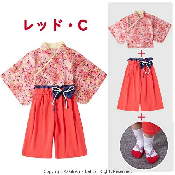 商品：和服 女の子 3点セット 素材：ポリエステル カラー：写真ご参考 生産国：中国 セット内容：トップス＋ズボン+ソックス サイズ：90cm/100cm/110cm/120cm ※平置き採寸となりますので、2-3cmの誤差についてはご容赦...