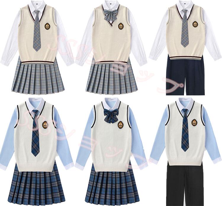 商品紹介 jk 制服 ニットベスト5点セット 男/女制服 カップルセット 女子 スカートセット 男子ズボンセット 入学 高校 中学 学生服 XS-4XL 素材:ポリエステル 商品内容: 女子：ベスト+シャツ+スカート+蝶結び+ワッペン 贈靴...
