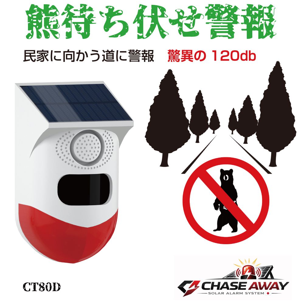 商品詳細 　 　 特徴 　　 近づくと即発報。害獣も侵入者も寄せ付けない！ 最大120dbの大音量。ソーラー充電式の防犯センサーです！ 畑や家庭菜園の害獣対策はもちろん。 自宅やガレージなどの防犯対策にも最適です！ ▼人感センサー搭載 動物...