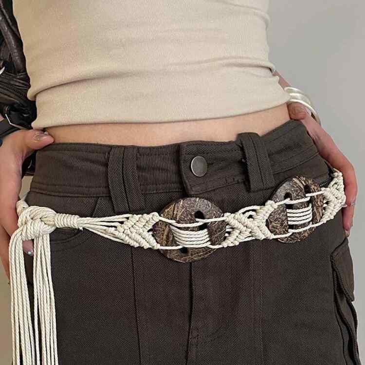 ・カテゴリ: ウエストチェーン・性別: 女性・対象年齢: 成人・素材: 麻・デザイン要素: 編み込み・カラー展開: オフホワイト、ブラウン・スタイル: エスニック・ウエストバンドの巻き数: シングル