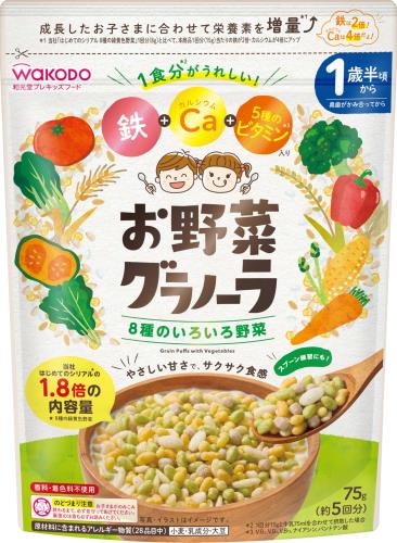 原材料米パフ（米粉、砂糖、モルトエキス、食塩）（国内製造）、砂糖混合ぶどう糖果糖液糖、コーンパフ（コーングリッツ、でん粉、砂糖）、ほうれんそう・ブロッコリー・こまつな・アスパラガスパフ（米粉、オーツ麦粉、水溶性食物繊維、ほうれんそう粉末、砂...
