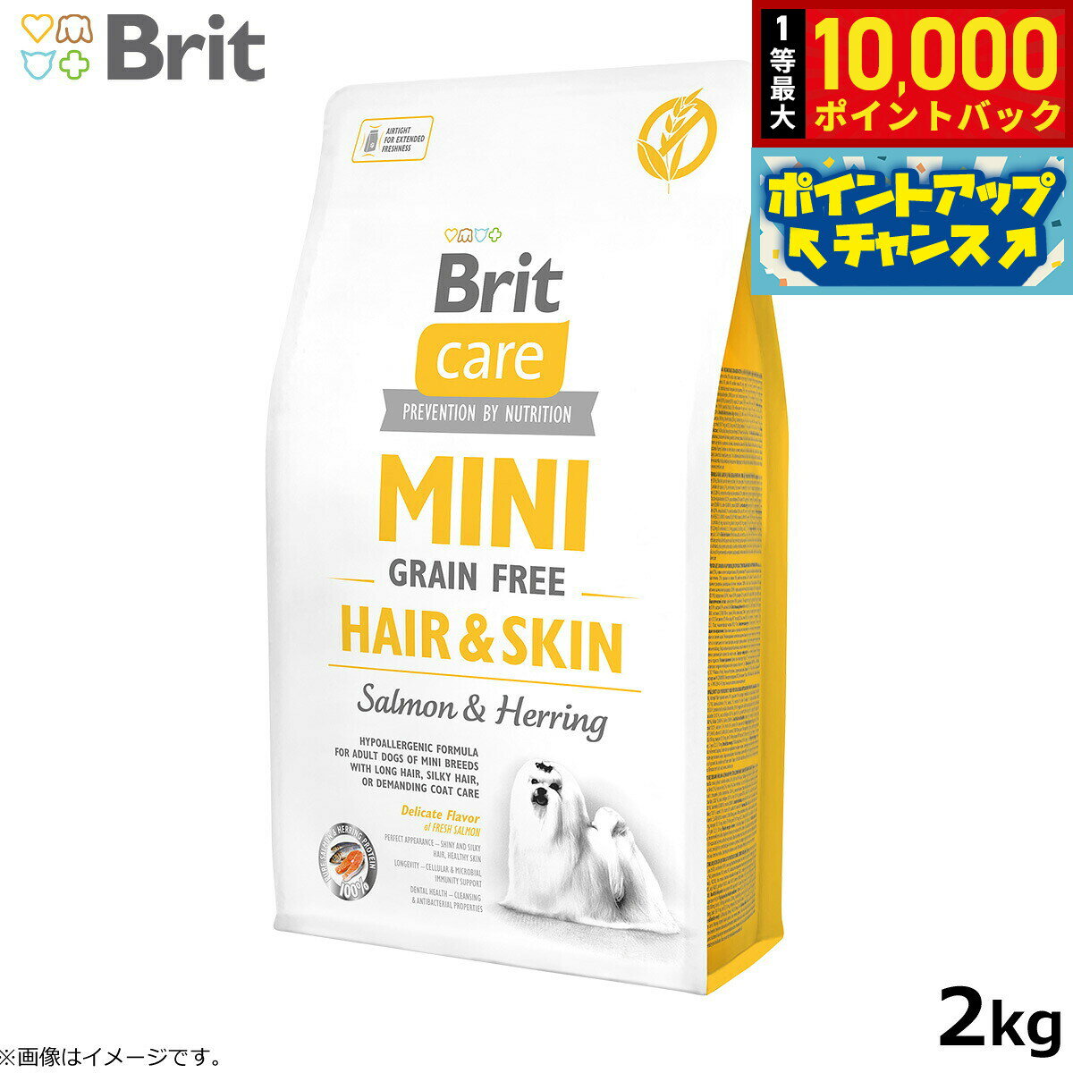 食物アレルギーを起こす愛犬を考慮。動物性タンパクは、オメガ3脂肪酸が豊富なサーモンとニシンのみを使用。また、とうもろこしや大豆、小麦を含まない穀物不使用のレシピで作られています。超小型犬・小型犬に食べやすい小粒タイプ。関節トラブル予防にグル...