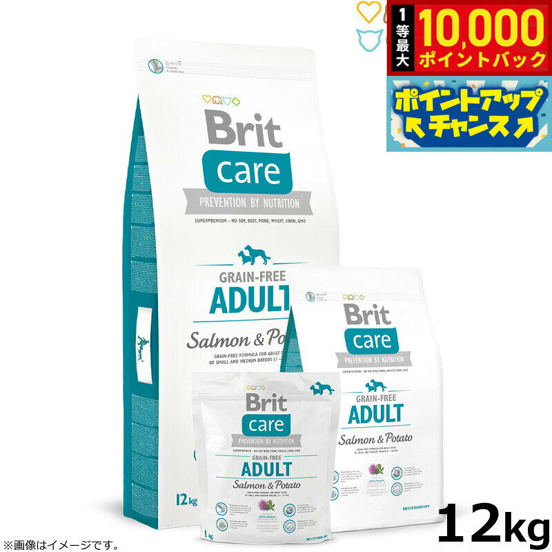 成犬用サーモン＆ポテトのグレインフリーフード。サーモンはアミノ酸を最適な比率で配合し、オメガ3脂肪酸を豊富に含む高品質なタンパク質です。穀物不使用のレシピが食物アレルギーに対応し、ワンちゃんの体重管理にもおすすめ。商品名ブリットケア Bri...