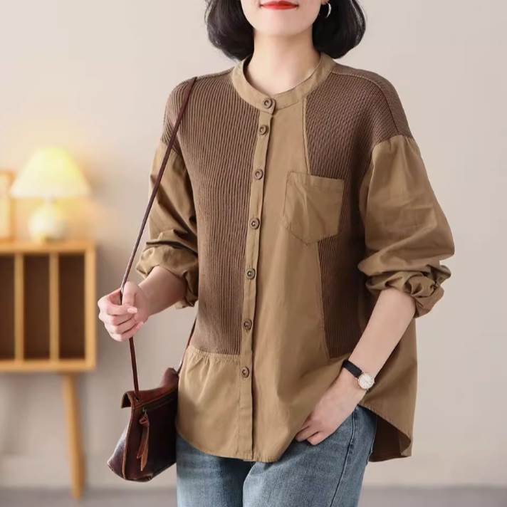 落ち着いた色合いとニットとの切り替えデザインが大人可愛い長袖シャツです。パフスリーブのシルエットがお洒落で、カジュアルからきれいめまで幅広いスタイルに合わせることができます。色展開 ブラウンサイズ XL 2XL 3XL 4XL 5XL 6X...