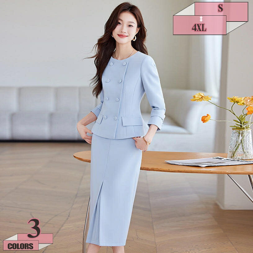 表地：ポリエステルメイン素材：ポリエステル◆ ジャケット＋スカートの2点セットスーツ、体の線を強調して美ラインシルエットのセットスーツが新登場。◆ ショート丈トップスとハイウェストのスカートの組み合わせで、視覚的に体のラインを調整してスタイ...