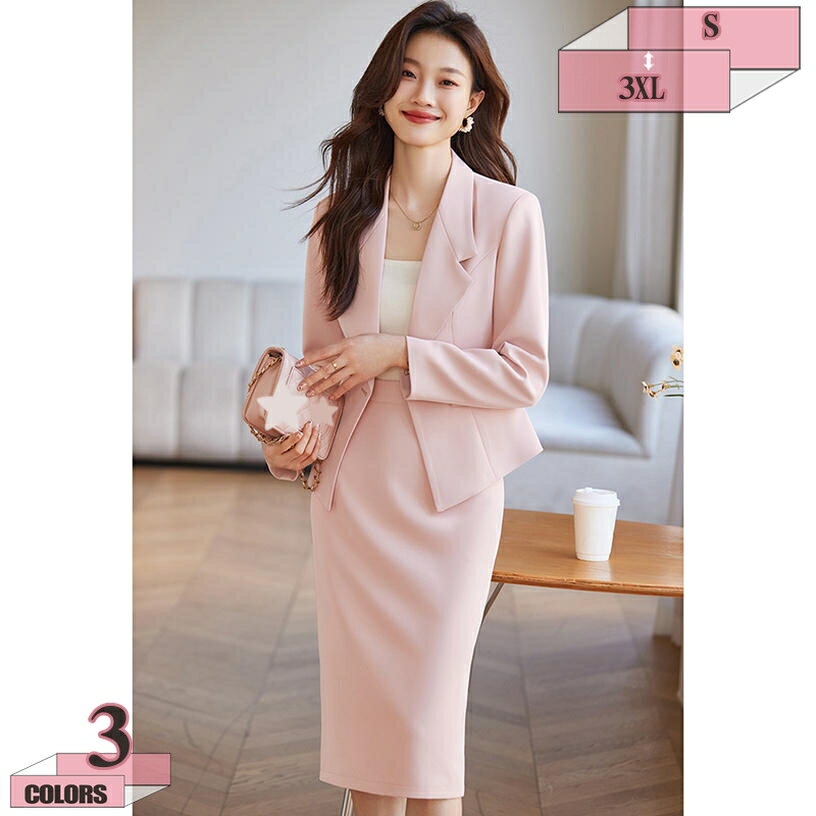 表地：ポリエステルメイン素材：ポリエステル◆ ジャケット＋スカートの2点セットスーツ、体の線を強調して美ラインシルエットのセットスーツが新登場。◆ ショート丈トップスとハイウェストのスカートの組み合わせで、視覚的に体のラインを調整してスタイ...