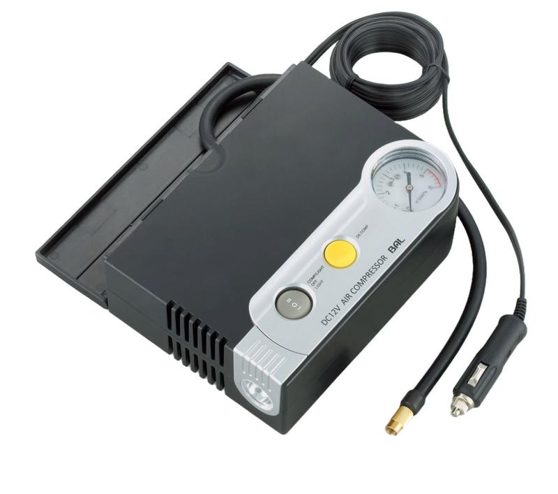 バル(BAL) LEDライト付エアーコンプレッサー No.492入力電圧：DC12V　10A。本体サイズ：幅200×奥行156×高さ70mm。電源コード長：3.3m。エアーホース長：520mm。連続使用可能時間：10分。