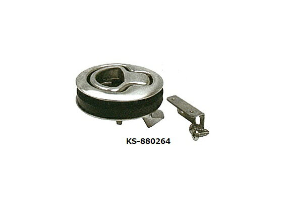 ■商品名：ステンレスフラッシュラッチ ■パーツNo：KS-880264 ■カラー：画像参考 【サイズ】 ・外径：61.5mm ・取付可能厚さ：5～18mm ・取付加工穴径：51mm ■数量：1個 ■状態：新品 【コメント】 ハッチなどに取り...