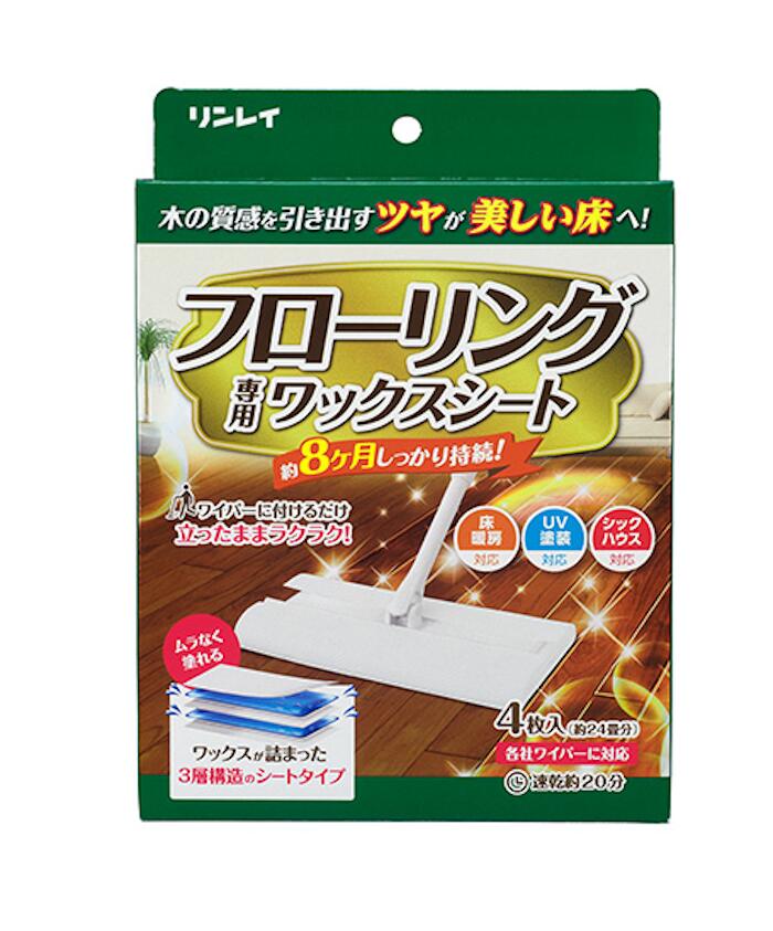 商品情報品名床用ワックスシート種類水性（樹脂系）成分合成樹脂（アクリル樹脂）、水シート材質ポリプロピレン、パルプ使用量の目安1枚で約6畳分、1箱で24畳分ワックス液量67g/枚サイズ約260mm×約220mm枚数4枚特長●なんと、シートタイ...