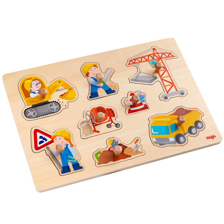 ●●●ノブ付きパズル・工事●●● ・サイズ：30×21cm ・年　齢：1歳から 　　ハバ社 (HABA) ・ハバ社の歴史 ドイツ・フランクフルトから東へ列車で3時間、山城で有名な観光地コーブルクの近くのローダッハという小さな町、ここに従業員...