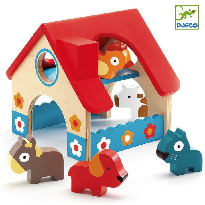 5匹の動物とお家のセット 動物は厚く子どもの手でもつかみやすい大きさです。 木のぬくもりが感じられる可愛らしいデザインでごっこ遊びが楽しくなります。 感覚的に上下や出入りを理解！ 木製のお家1個とかわいい動物5匹のセット。 2階付きのお家で...