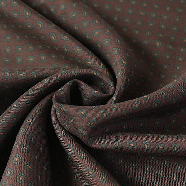 ◆商品説明◆ カラー：茶緑柄 巾：100cm 商品説明：厚さ：普通・シルクビエラ（綾織）は控えめな光沢があり、やや甘い織りでふくらみ感があり、サラッとしてソフト風合いの素材でこっくりとしたカラーのペイズリー風ドットプリントです。シャツ、ブラ...