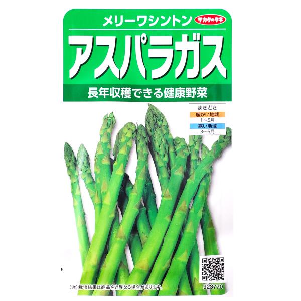 商品情報商品名アスパラガス　メリーワシントン科・属名ユリ科アスパラガス属原産地南欧からロシア南部生産地アメリカ特長ヨーロッパに広く分布するユリ科の宿根草で一度タネをまくと10年以上も収穫できます。グリーンアスパラガスは栄養価が高く、独特な風...