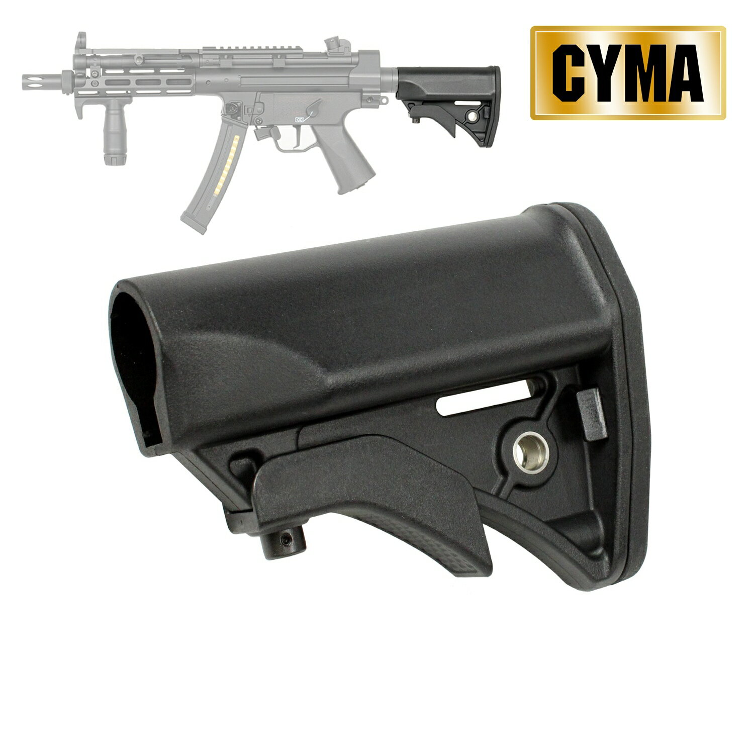 商品詳細 ■メーカー：CYMA ■サイズ： ・全長 約 135 mm ・全幅 約 50 mm ・全高 約 110 mm ■重量：約 191 g ■材質：樹脂 / ゴム ■対応：M4シリーズ ストックパイプ 各種 ・QD スイベルホール ※取...